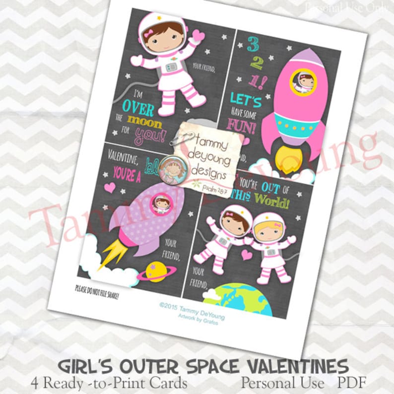 Outer Space Cosmic Astronaut Valentines Day Cards for Girls, DIY ...