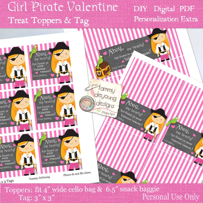 Girl Pirate Valentine Tag & Treat Bag Toppers, DIY Printable Valentines ...