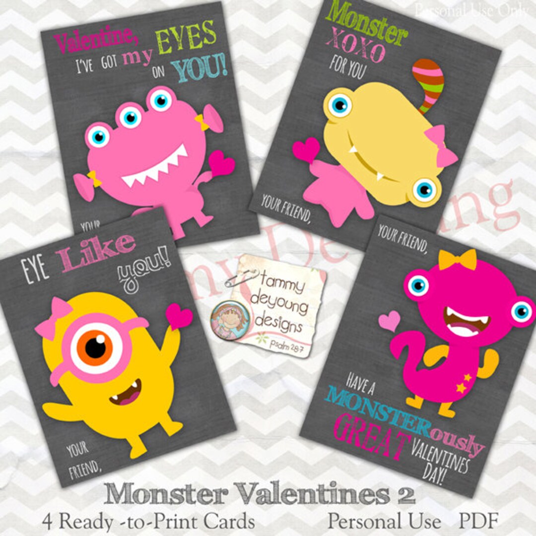 Monster Valentine Cards for Kids, Girls Valentines With Cute, Funny ...