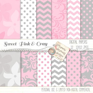 Pink and Gray Digital Paper Backgrounds for Nursery, Weddings ...