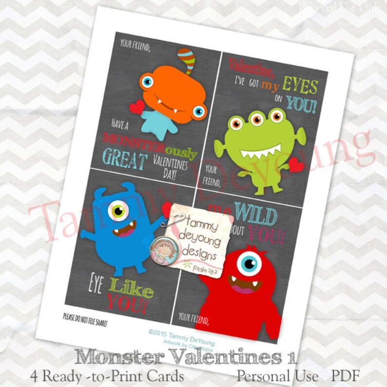 Monster Valentine Cards for Kids Boys Valentines DIY - Etsy