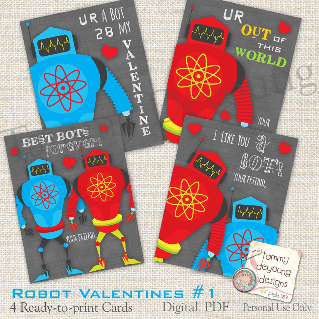 Robot Valentines Cards for Kids * Boys Valentines * DIY Printable ...
