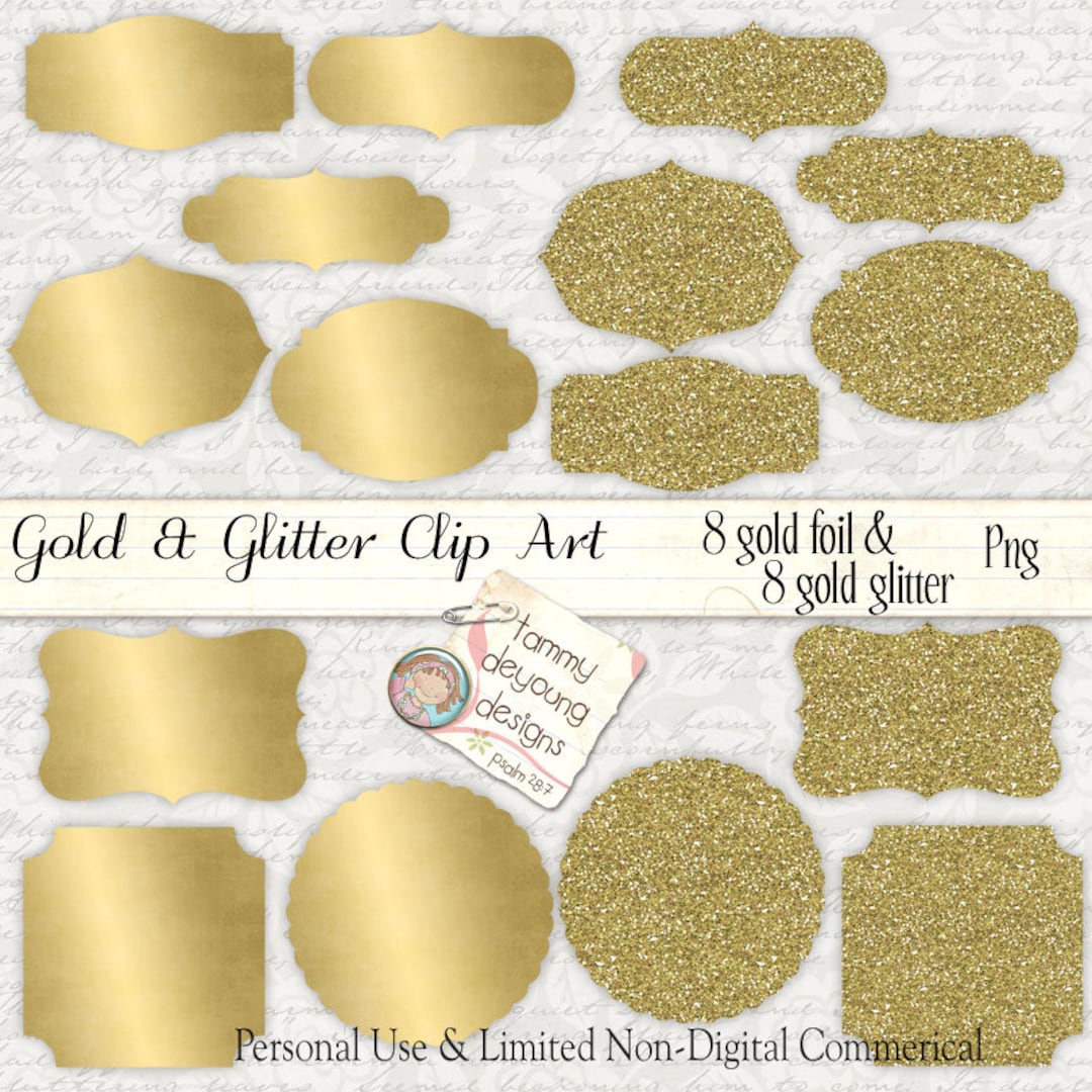 Digital Gold Foil Labels, Faux Gold Glitter Frames Clip Art and Tags ...