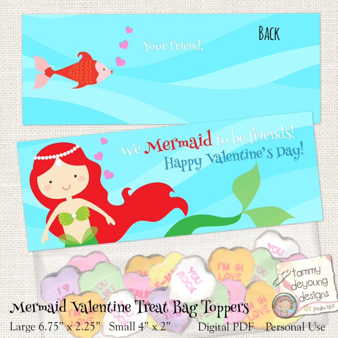 Mermaid Valentines Treat Bag Toppers for Kids, Girls Valentine Party ...