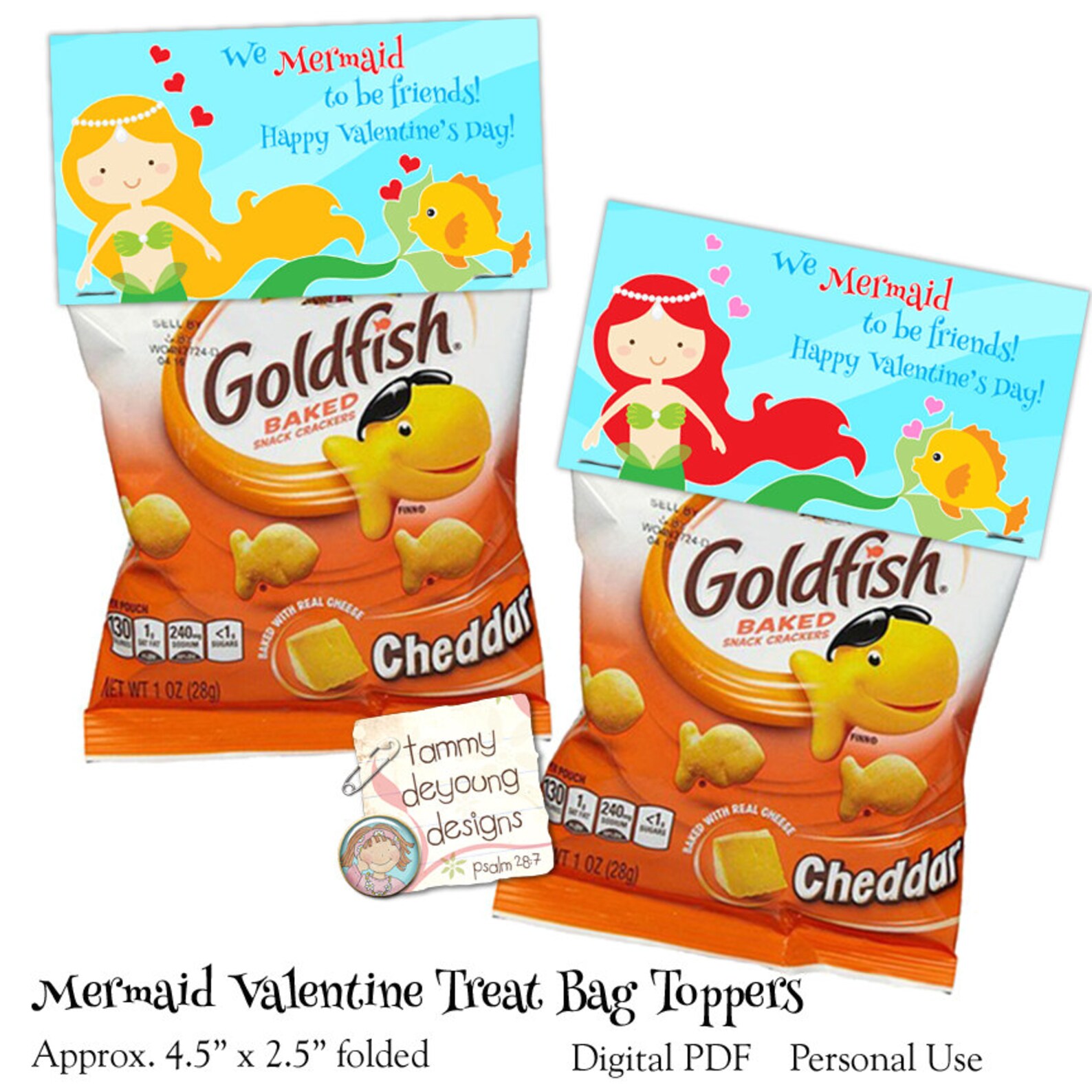 Valentines Treat Bag Toppers for Goldfish Crackers, Blonde Mermaid ...