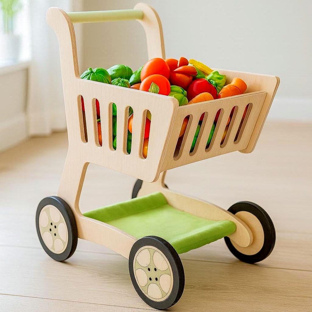 Wooden Toy Shopping Cart for Kids | Montessori Grocery Trolley, 4-wheel ...