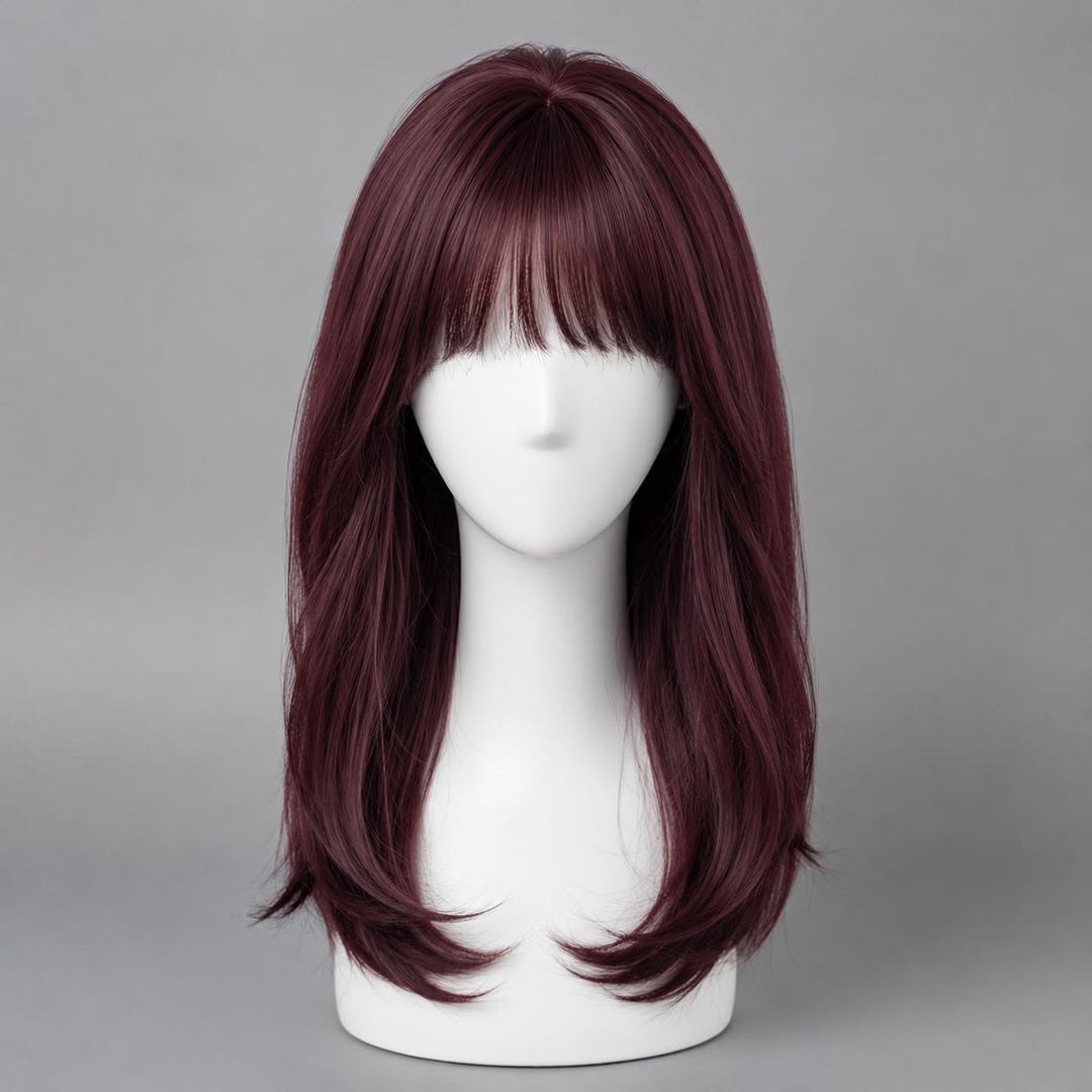 Burgundy Wig With Bangs | Shoulder Length Straight Synthetic Wig | Heat ...
