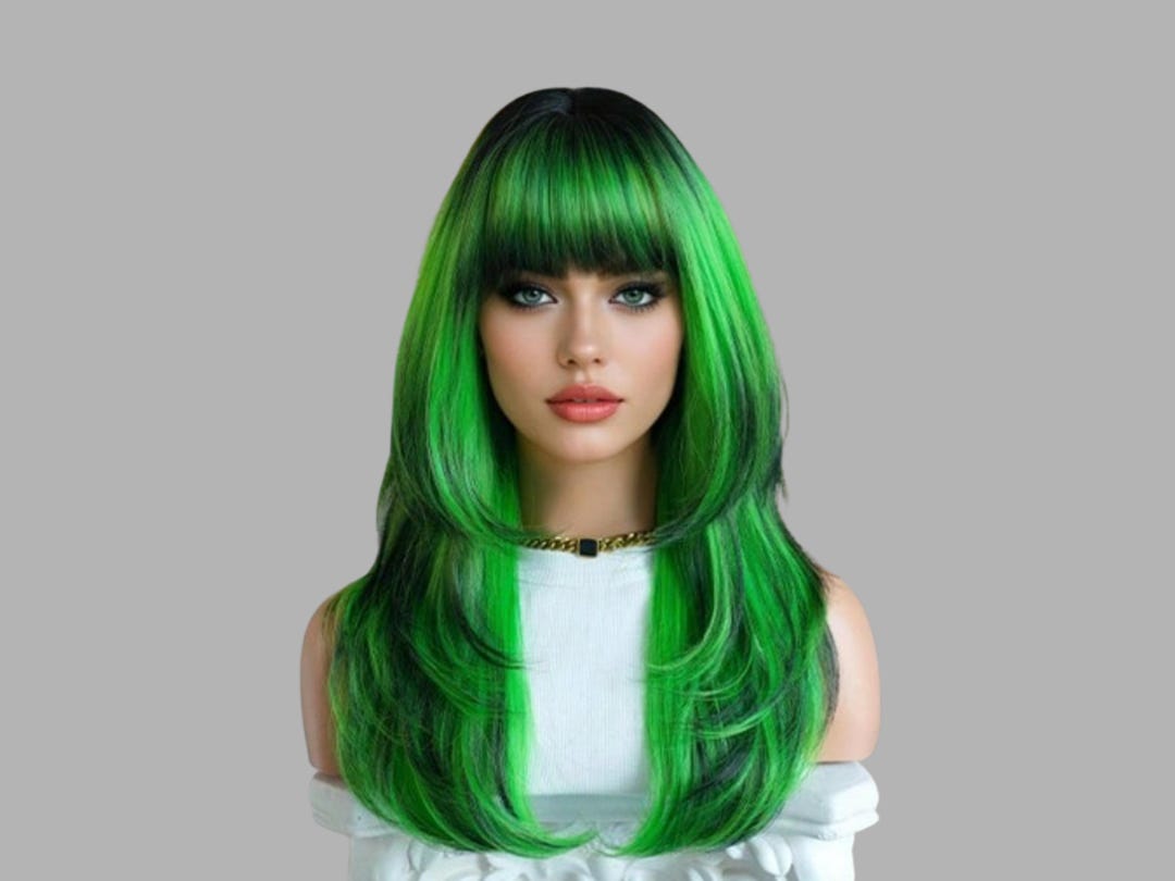 24 Inch Green Highlight Curly Synthetic Wig With Bangs Heat Resistant ...