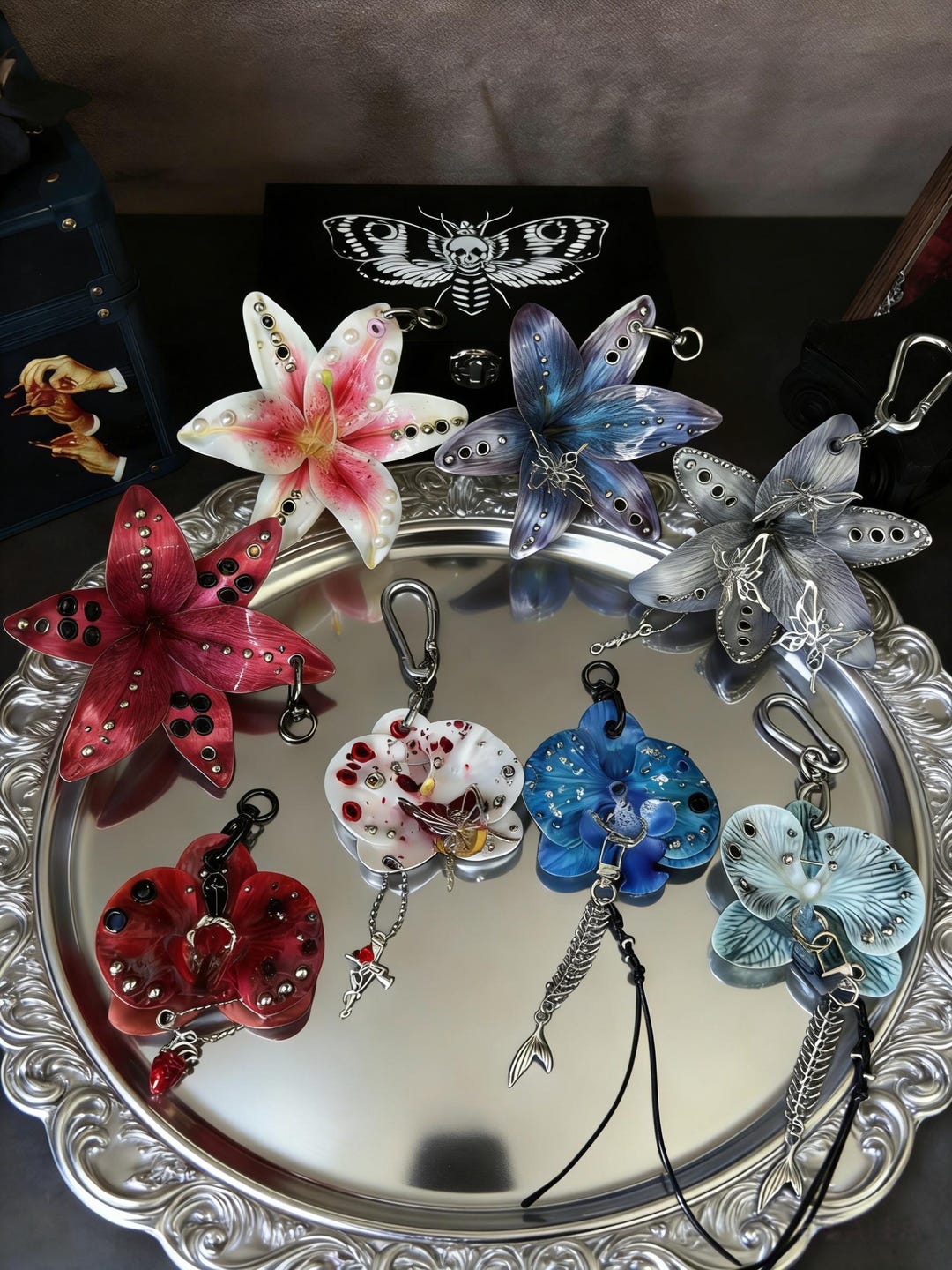 Orchid Lily Bag Charm, Keychain With Piercing, Dark Gothic Style ...