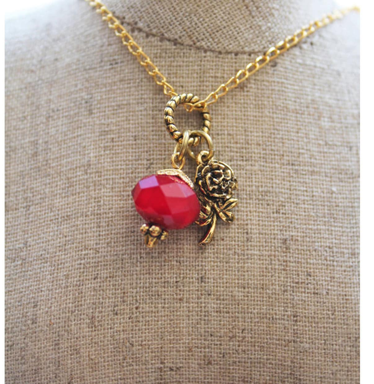 Charm necklace rose charm red charm gold necklace | Etsy