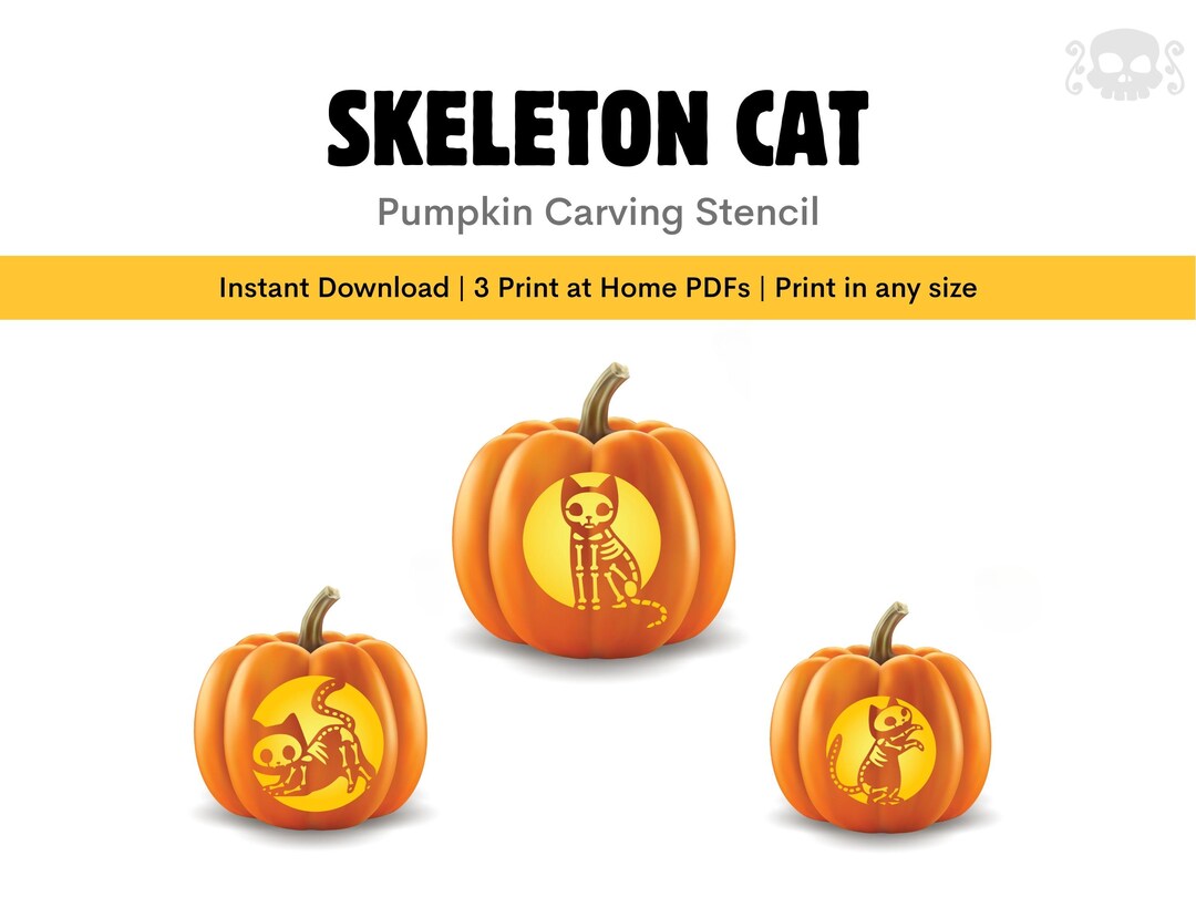 Skeleton Cat Pumpkin Stencil: Printable Halloween Carving Pattern ...