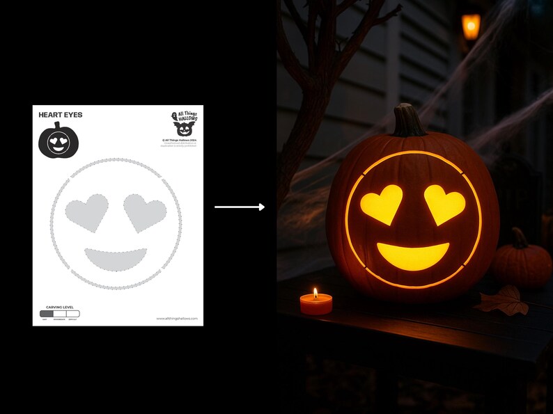 Heart Eyes Pumpkin Stencil: Cute Emoji Halloween Carving Template ...