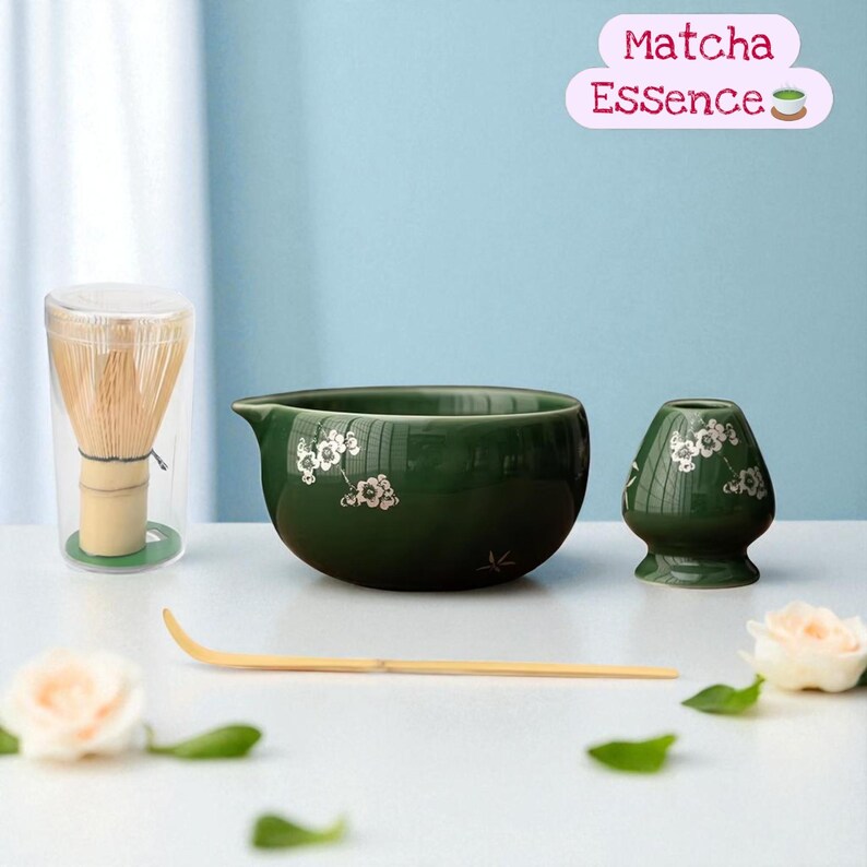 Authentic Japanese Matcha Set | Green Floral Ceramic Matcha Bowl ...