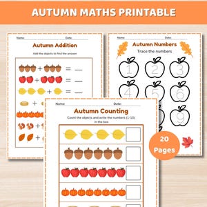 Autumn Math Worksheets, Preschool Counting, Addition, Number Tracing ...