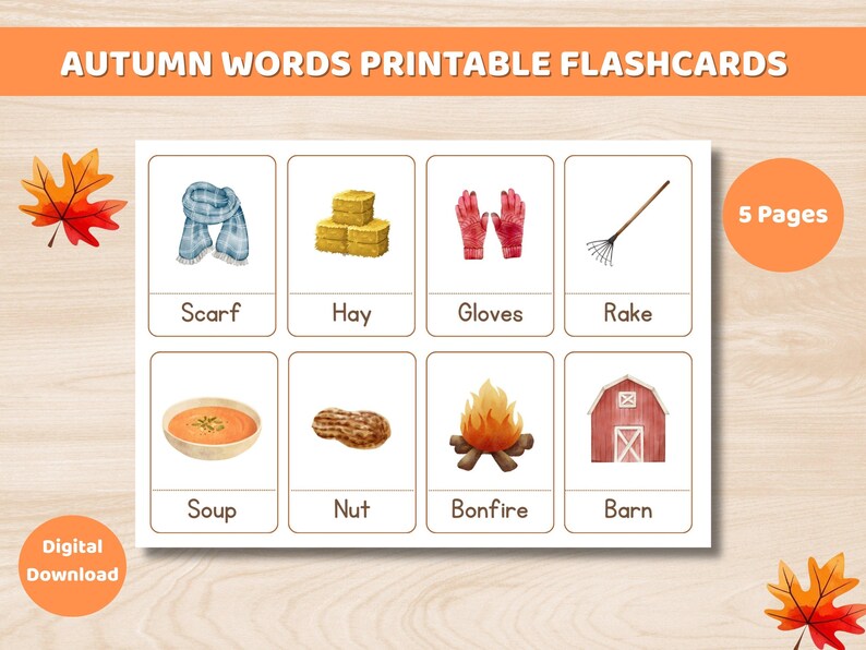Autumn Flashcards, Printable Vocabulary Cards Preschool, Kindergarten ...