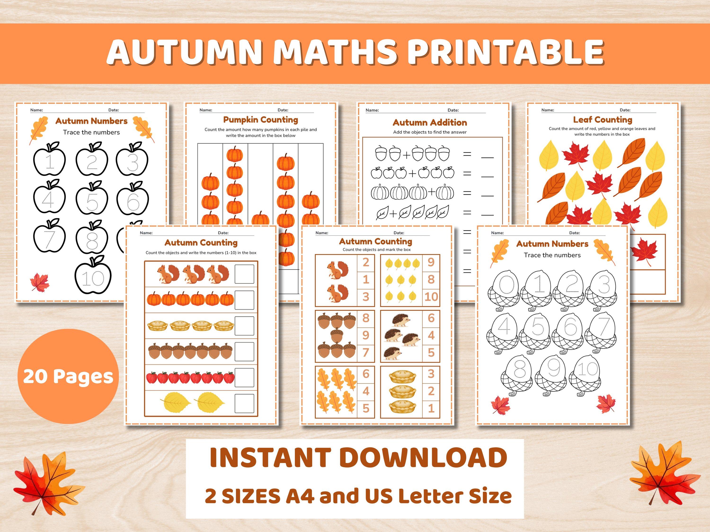 Autumn Math Worksheets, Preschool Counting, Addition, Number Tracing ...