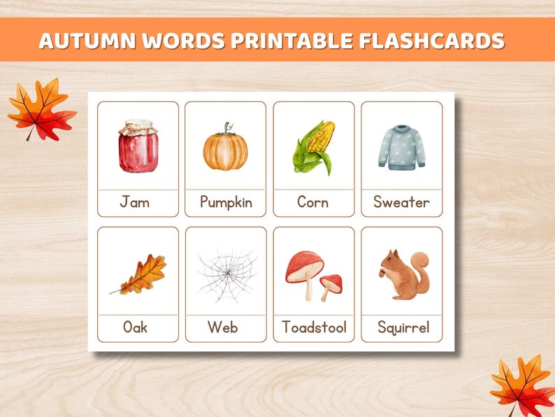 Autumn Flashcards, Printable Vocabulary Cards Preschool, Kindergarten ...