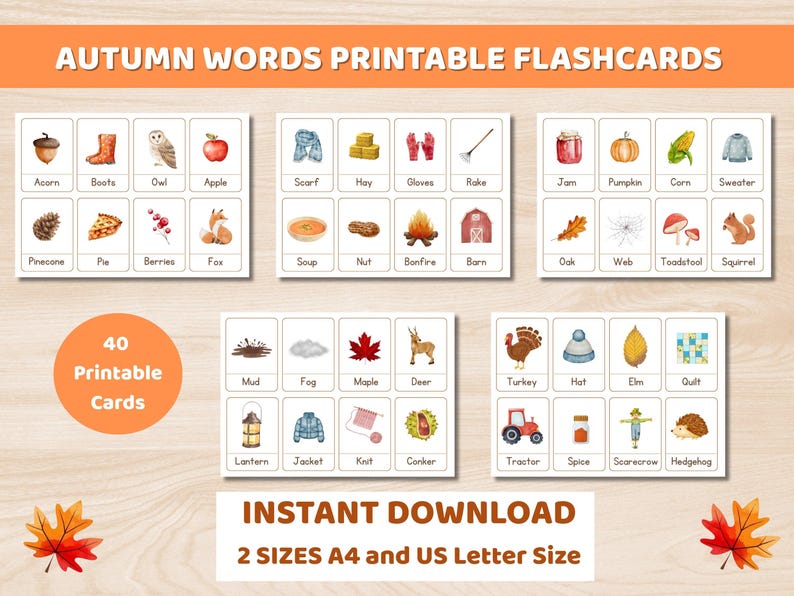 Autumn Flashcards, Printable Vocabulary Cards Preschool, Kindergarten ...