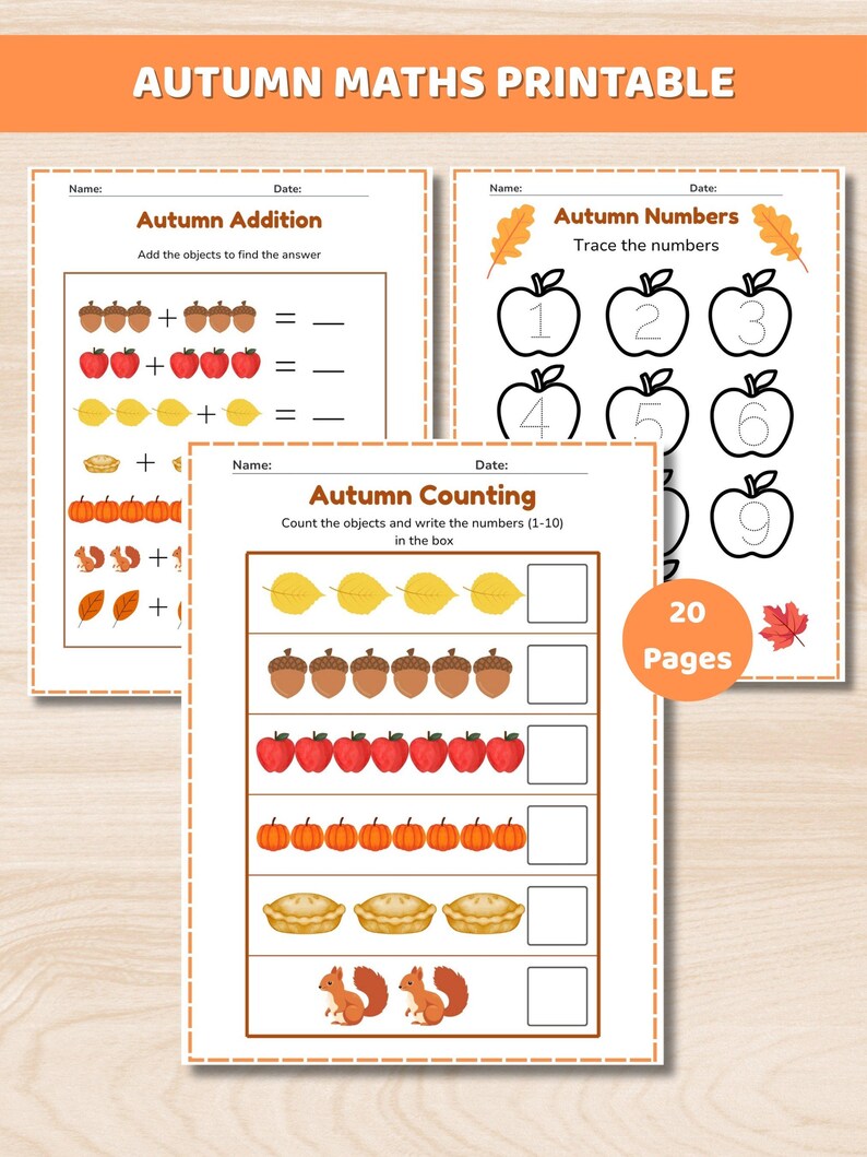 Autumn Math Worksheets, Preschool Counting, Addition, Number Tracing ...
