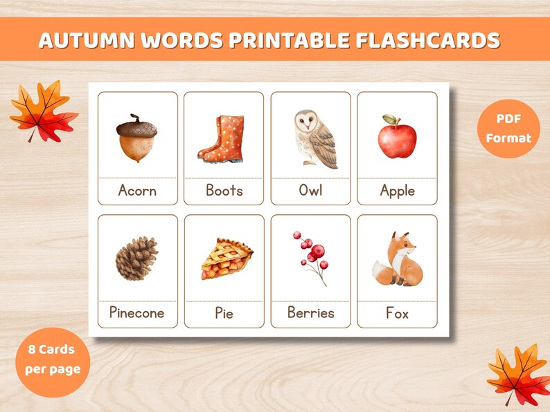 Autumn Flashcards, Printable Vocabulary Cards Preschool, Kindergarten ...