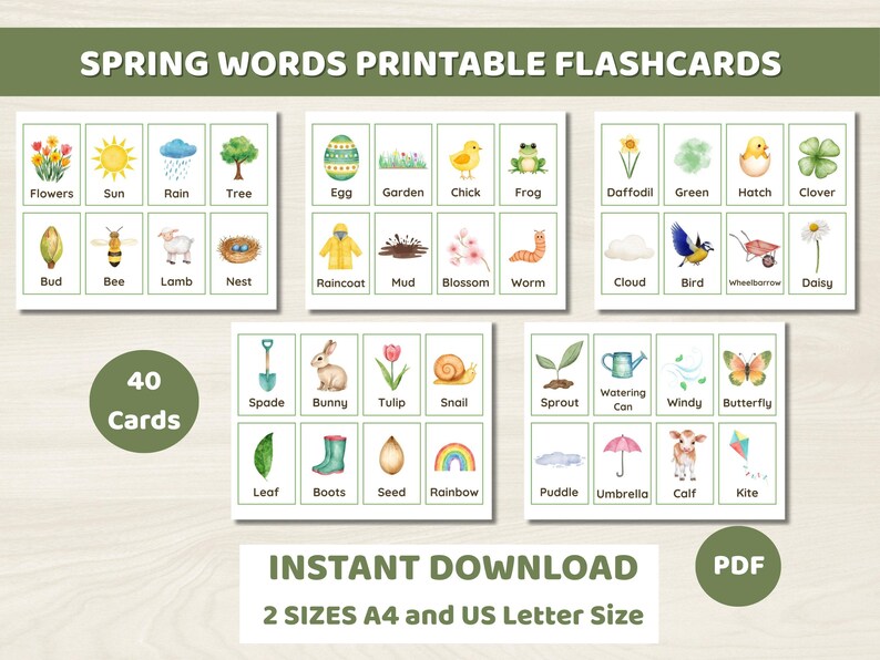 Spring Flashcards Printable, Preschool Kindergarten Primary Vocabulary ...