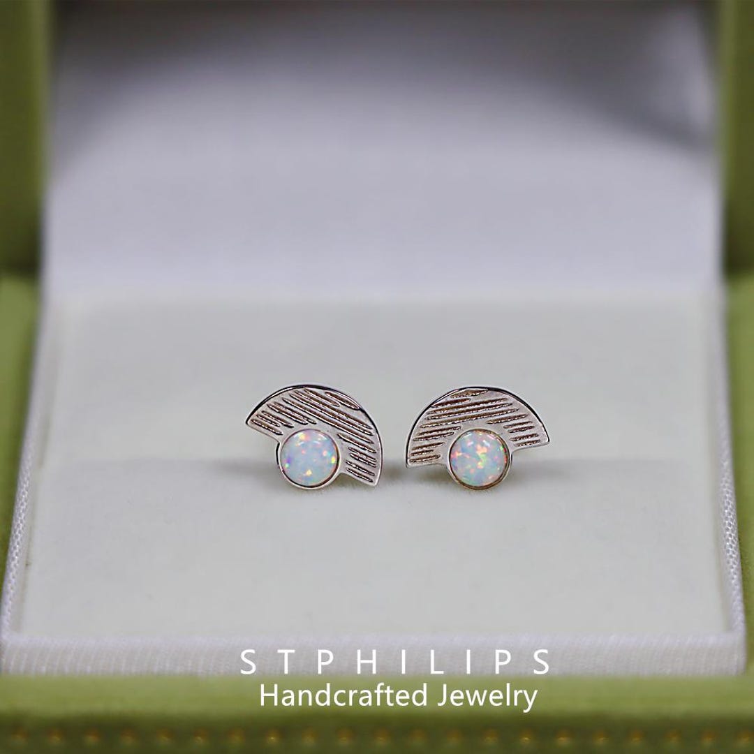 Half-circle Fan Shape, Petite Australian Opal Studs, S925 Sterling ...