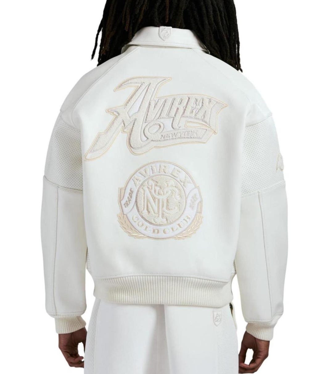 Avirex White Leather Bomber Jacket Gold Club Embroidered Logo ...
