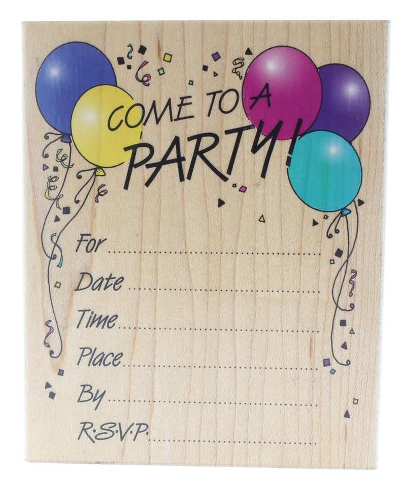 Globos de invitación para "Ven a mi fiesta" Sello de goma de madera ...