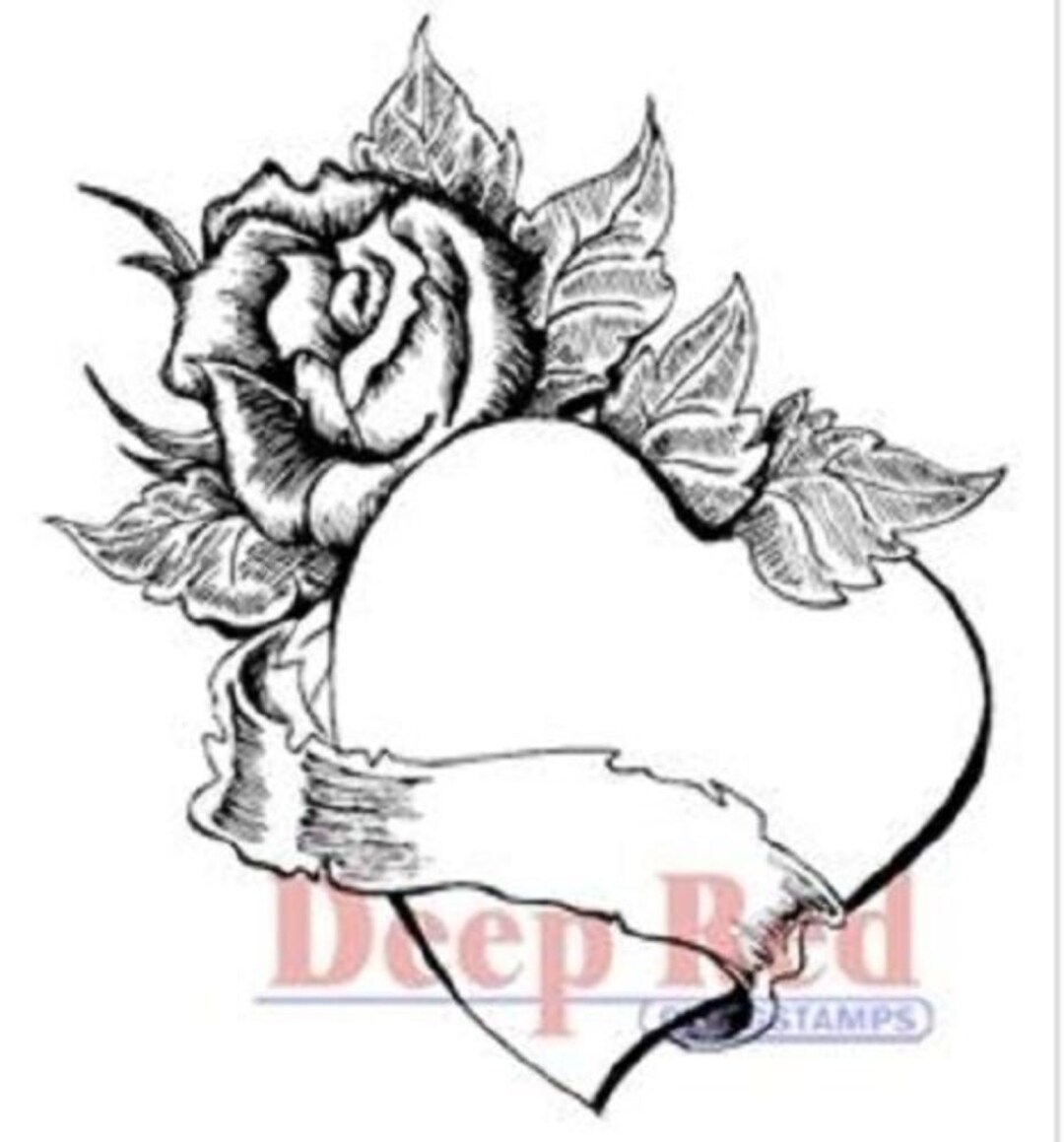 Deep Red Rubber Cling Stamp Rose Heart Banner Love & Romance - Etsy