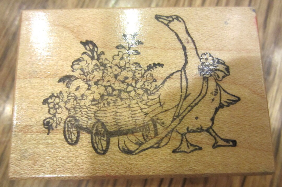 Goose Pulling Flower Basket Animal Wooden Rubber Stamp - Etsy