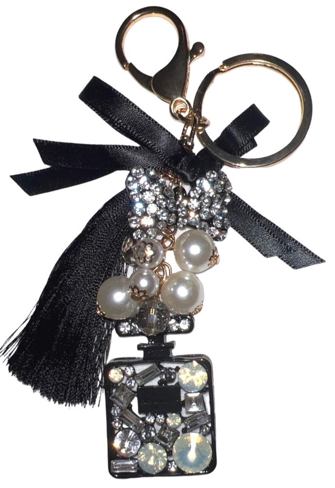 Black Perfume Bottle Bling Rhinestones Gold-tone Key Chain Fob Purse ...