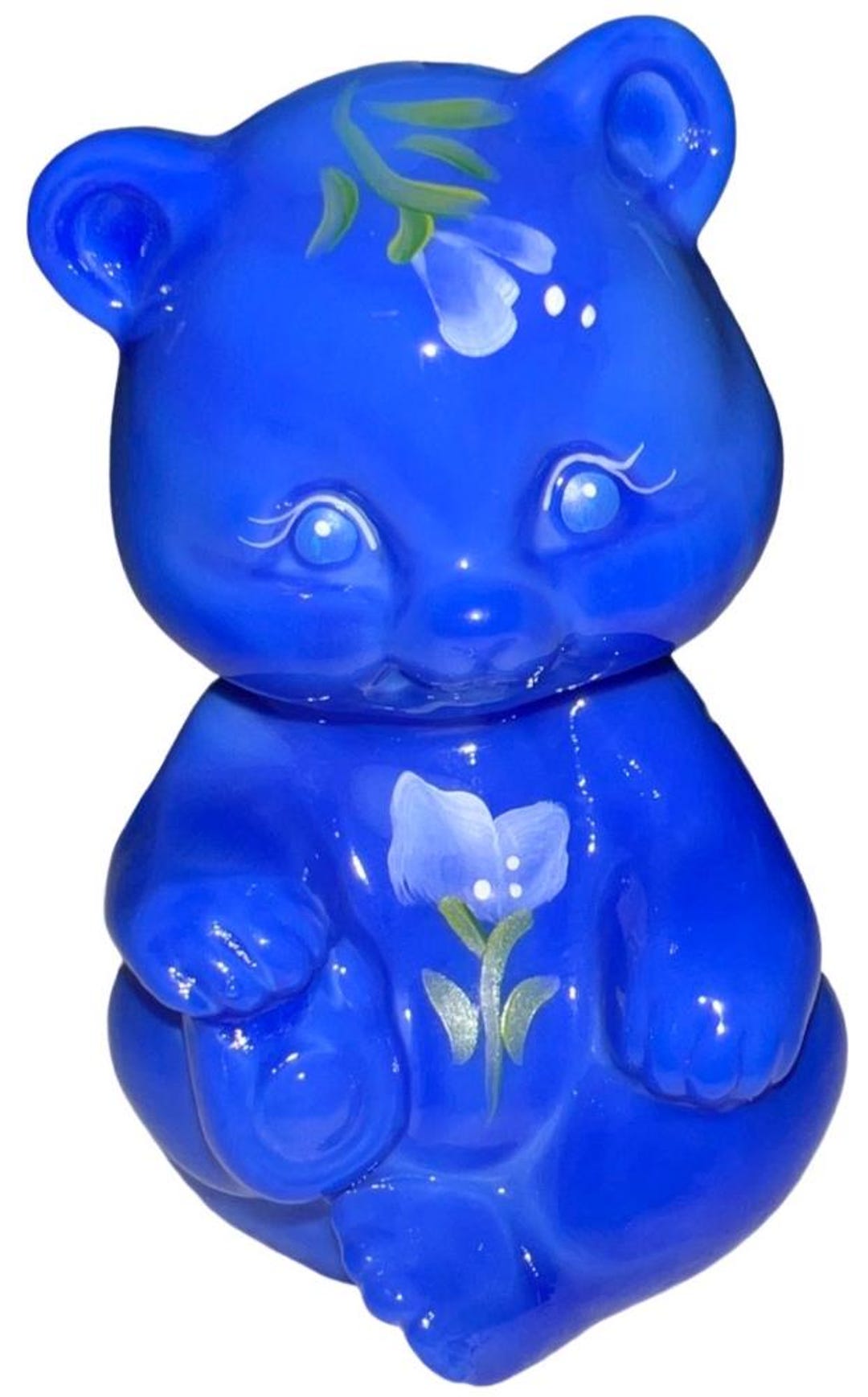 Vintage Fenton 3.5" Blue With White Flowers Glass Teddy Bear Signed - Etsy