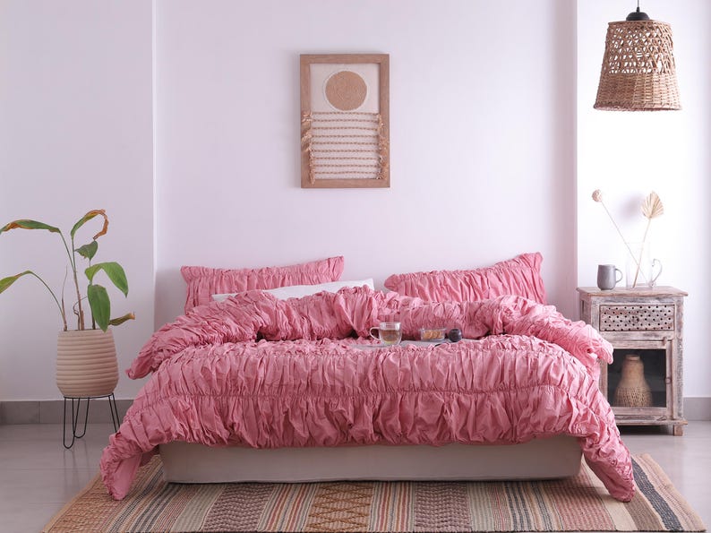 Pink Cotton Duvet Cover Set, Boho Cinched Bedding, Soft Wrinkled ...