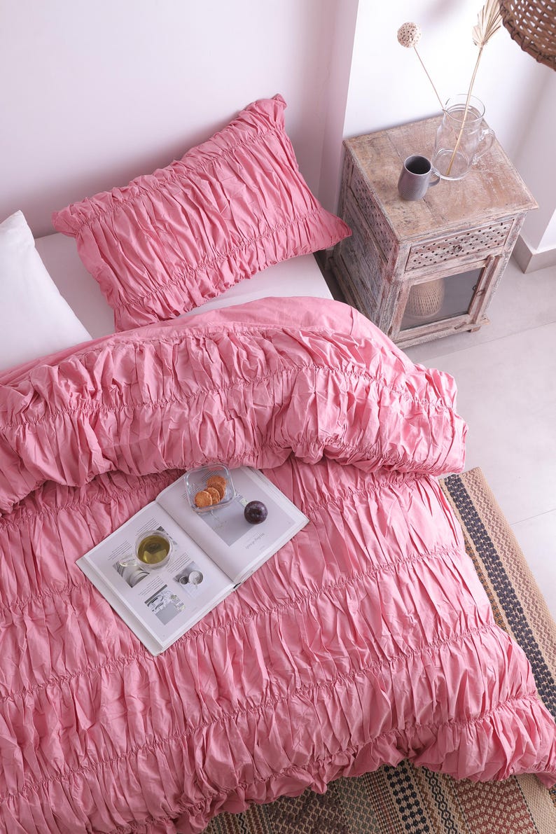 Pink Cotton Duvet Cover Set, Boho Cinched Bedding, Soft Wrinkled ...