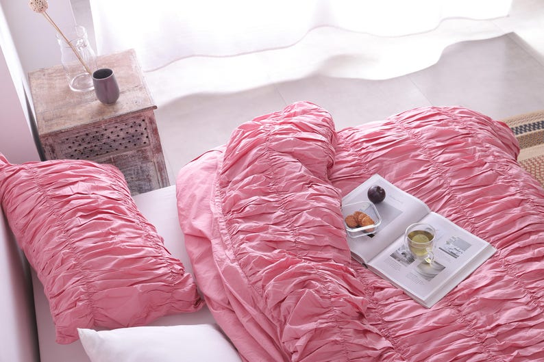 Pink Cotton Duvet Cover Set, Boho Cinched Bedding, Soft Wrinkled ...