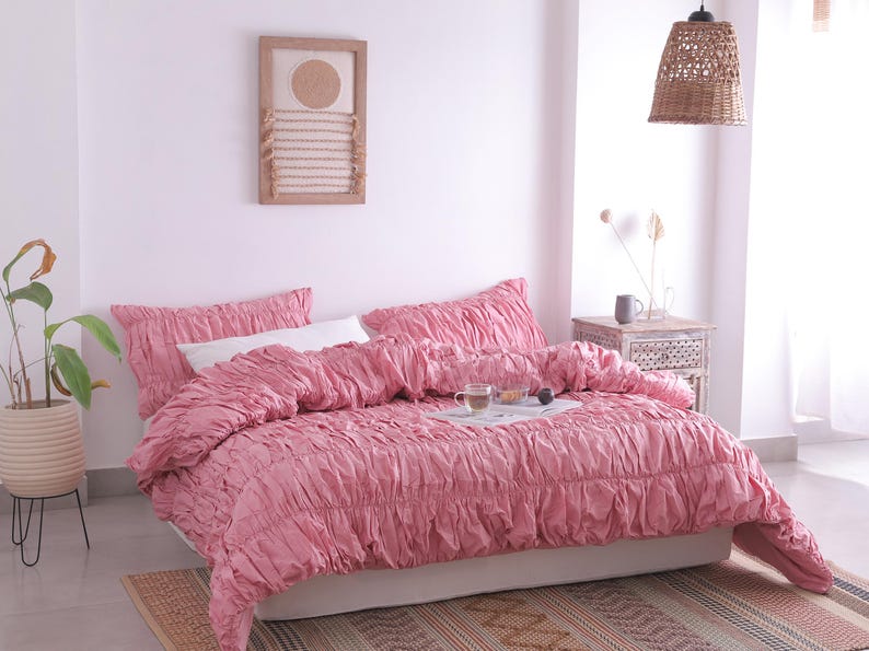 Pink Cotton Duvet Cover Set, Boho Cinched Bedding, Soft Wrinkled ...