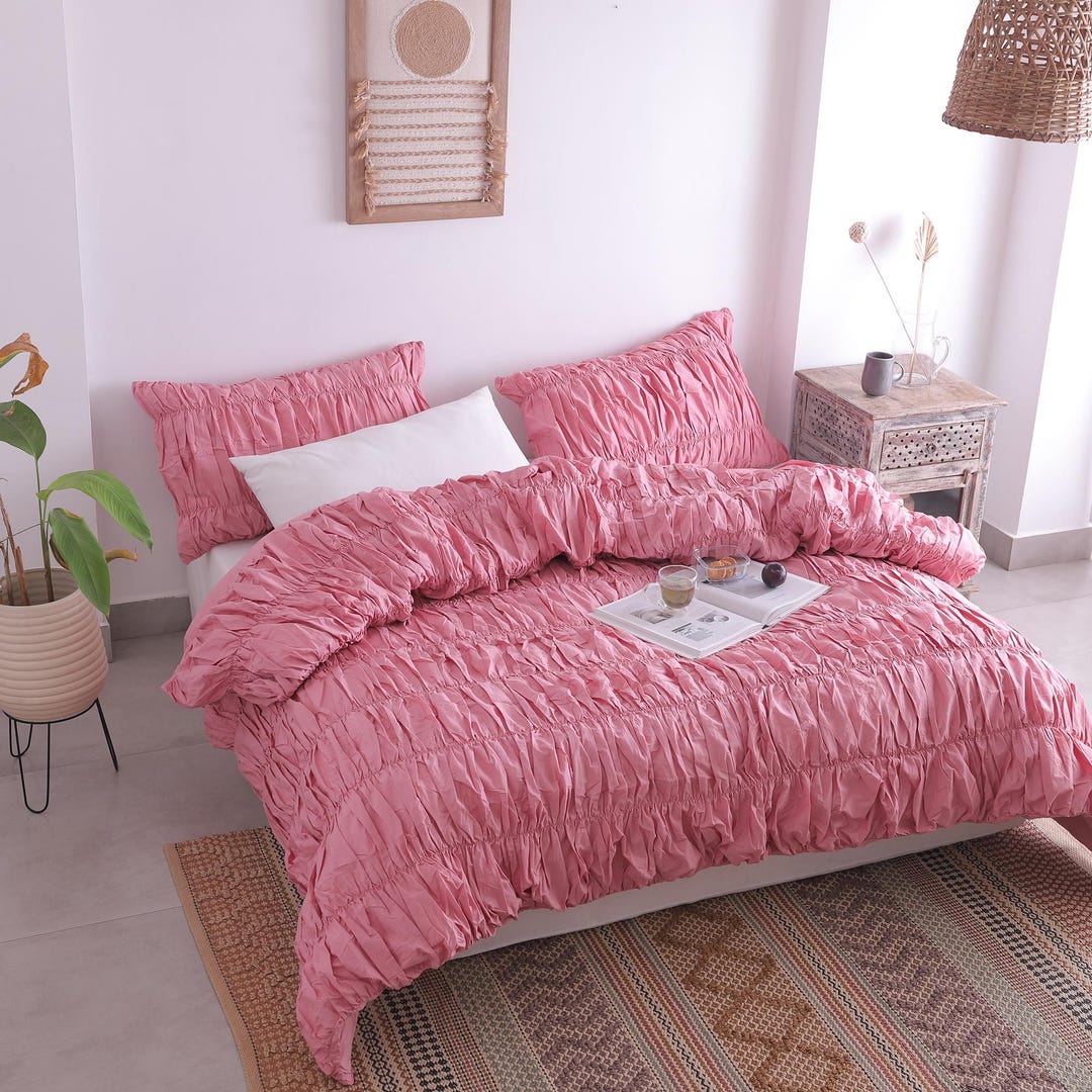 Pink Cotton Duvet Cover Set, Boho Cinched Bedding, Soft Wrinkled ...