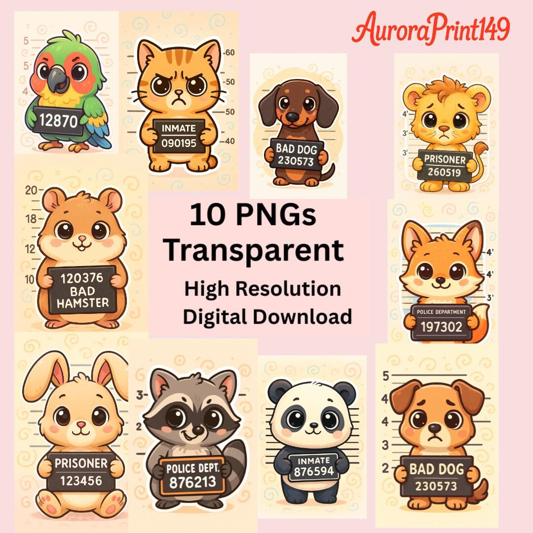 Mugshot Animals Clipart: Funny Cartoon Pet PNG Stickers Digital ...
