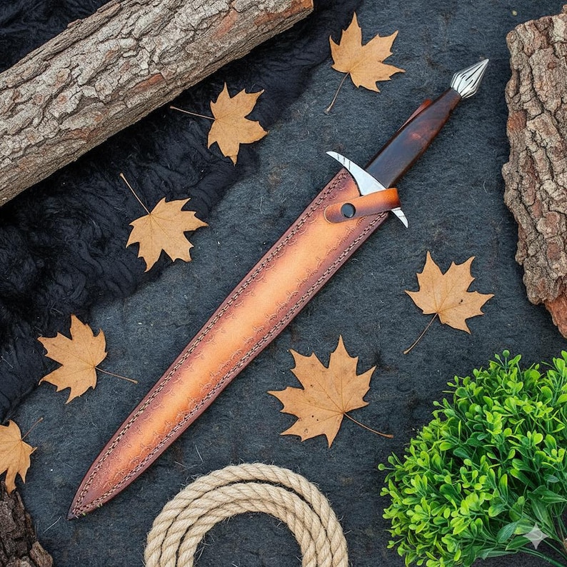 Handmade Short Sword – Damascus Steel Double Edge Blade With Leather ...