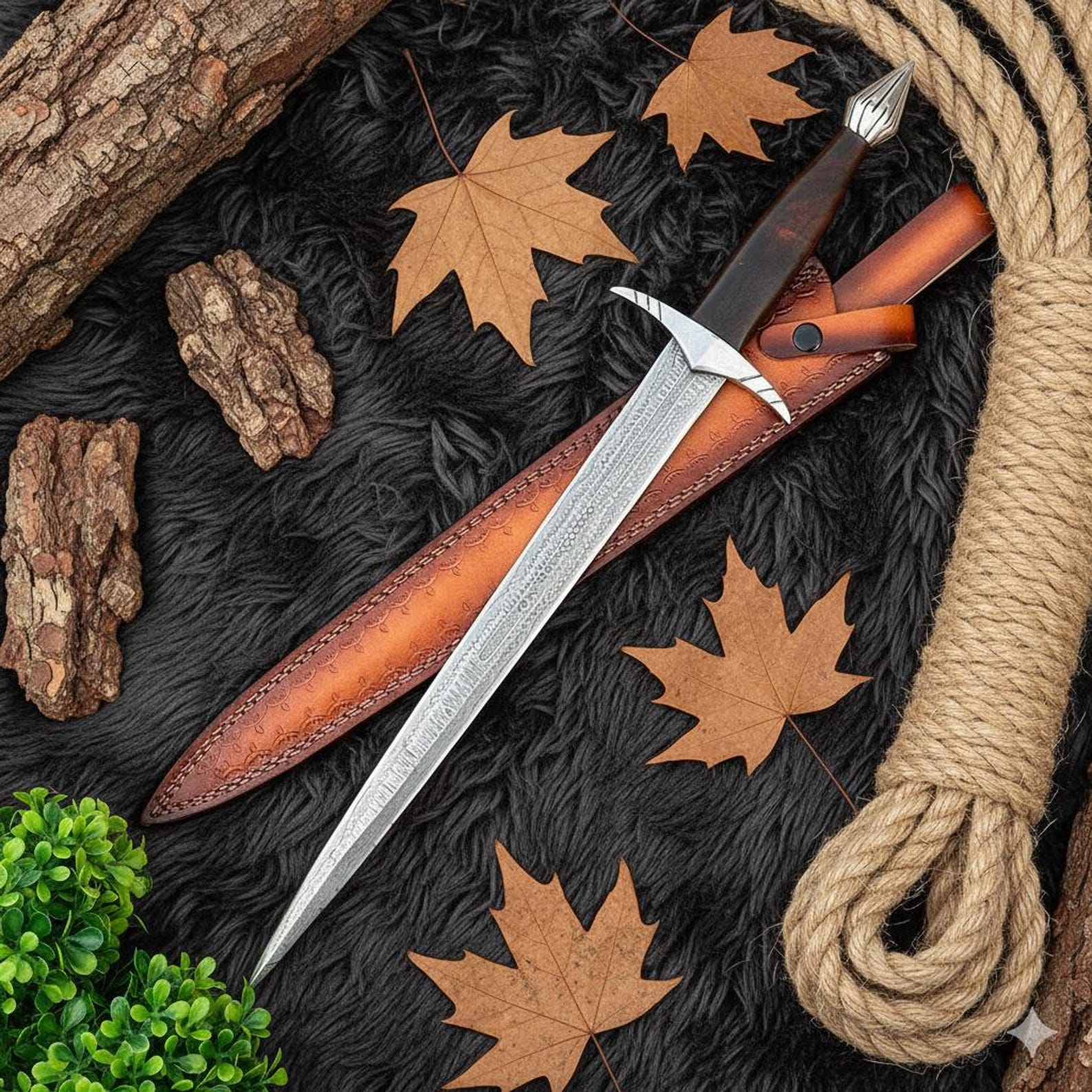 Handmade Short Sword – Damascus Steel Double Edge Blade With Leather ...