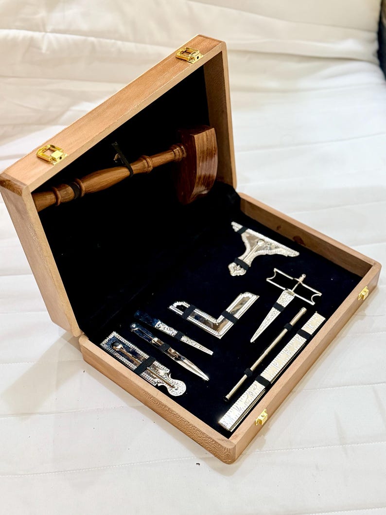 Masonic Standard Working Tools Set Silver Tone Full Size in Wooden Box ...