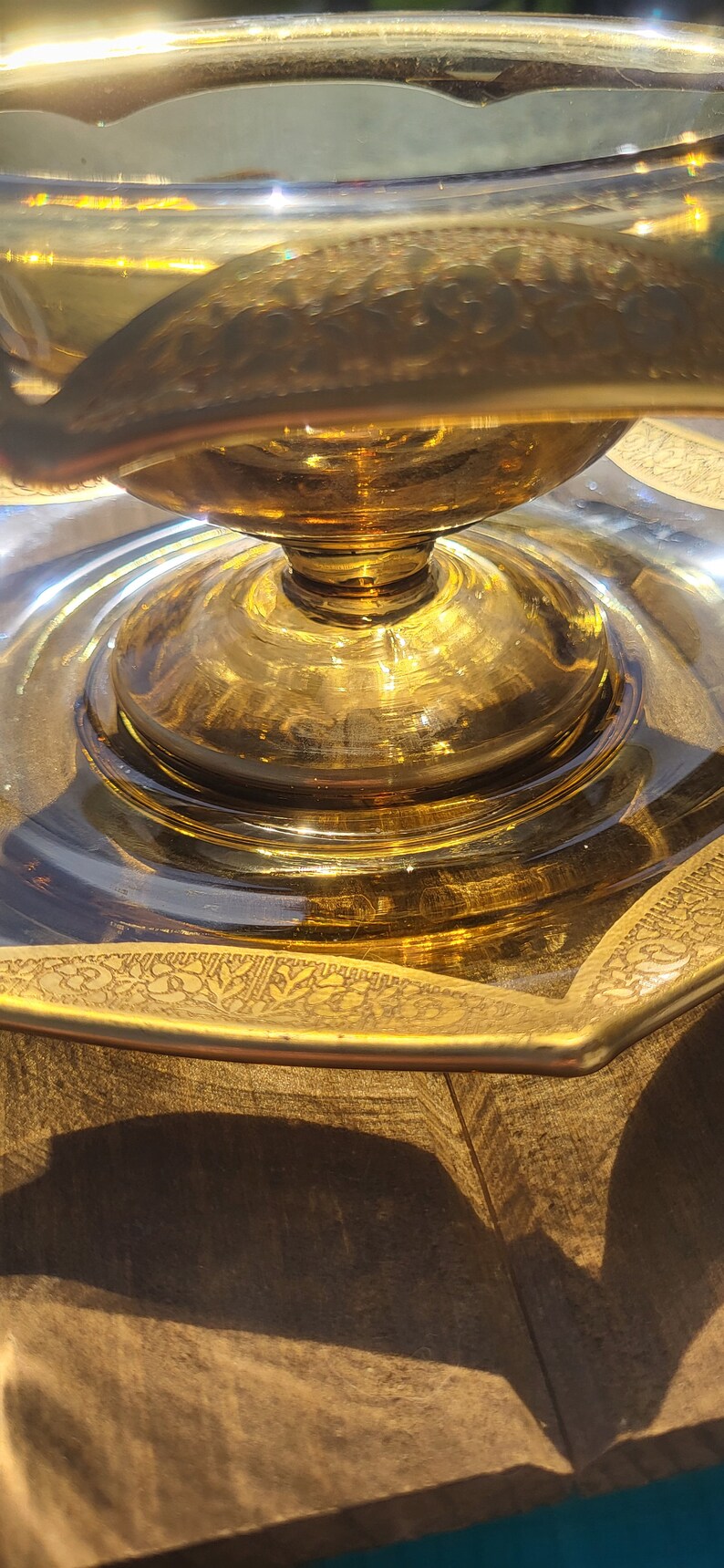 Antique Tiffin-franciscan Gold Etched Glass Amber Pedestal Bowl ...