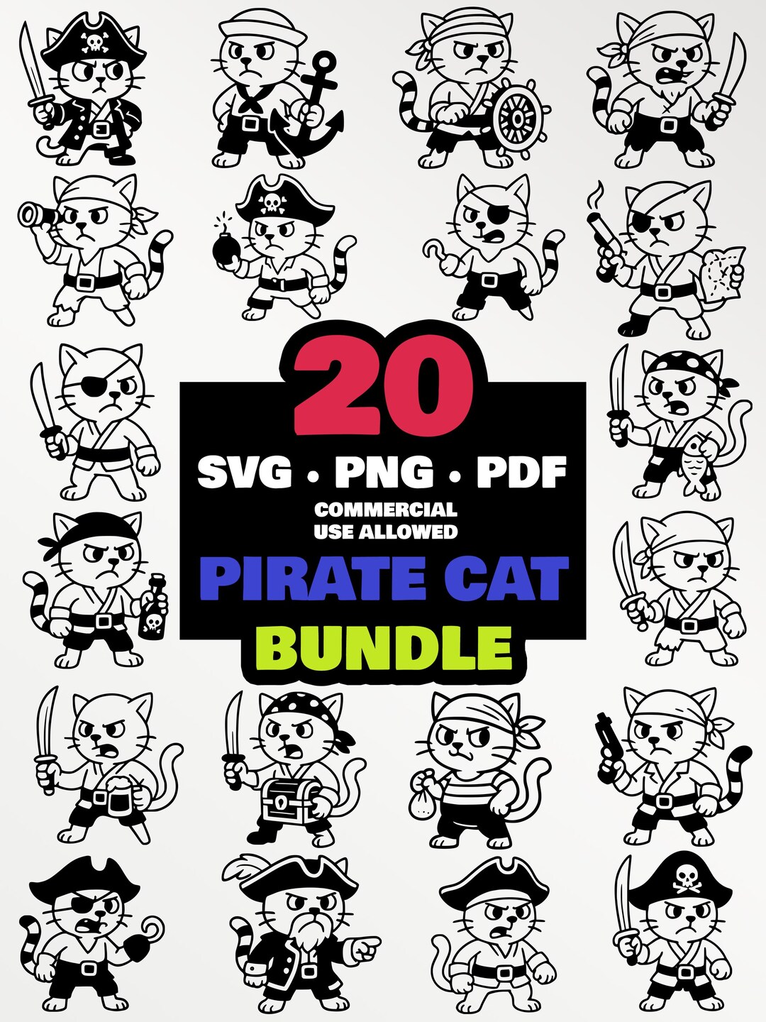Pirate Cat Bundle SVG PNG PDF | 20 Cute Pirate Cats | Kawaii Cat ...