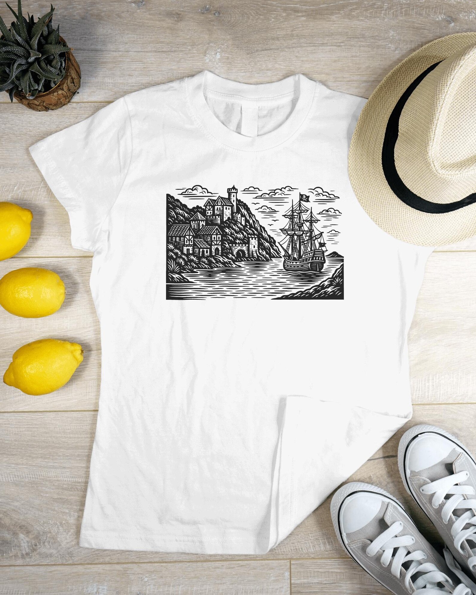 Pirate Cove Wall Art SVG, Cliff Village & Pirate Ship SVG PNG, Woodcut ...