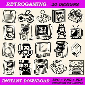 Retrogaming SVG & PNG Digital Art Bundle – 20 Designs for Cutting ...