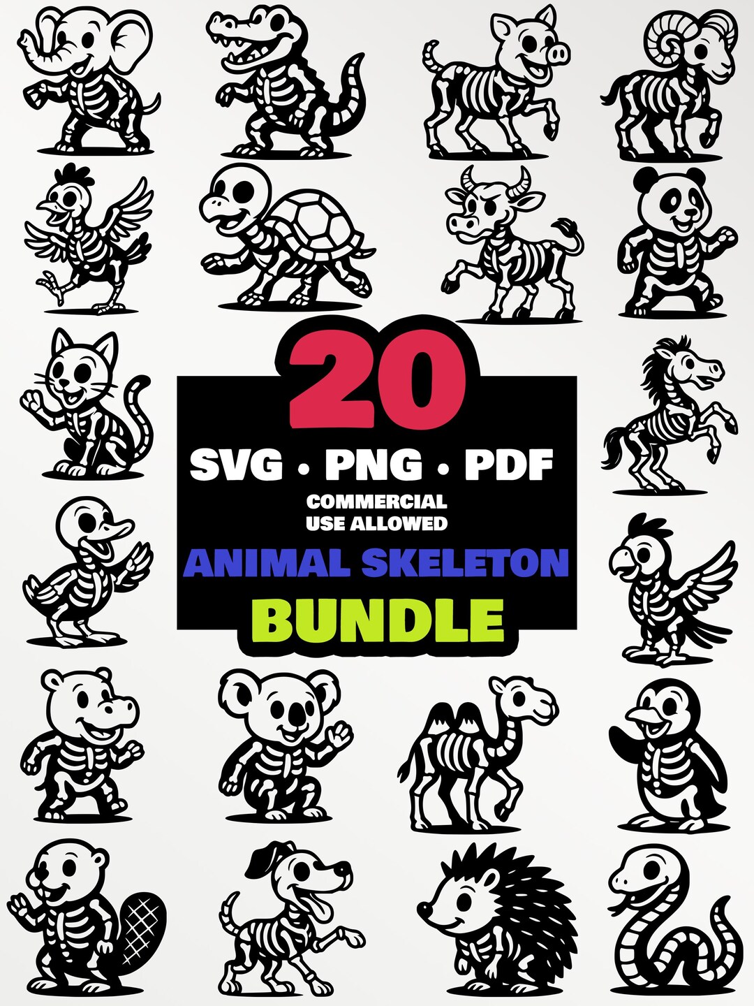 Animal Skeleton SVG PNG Bundle | 20 Cute Cartoon Animal Bones Clipart ...