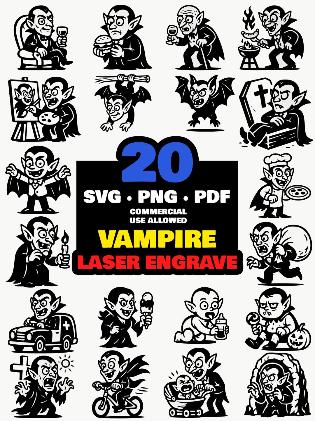 Vampire Laser Engraving SVG Bundle | 20 Cartoon Dracula Clipart for ...
