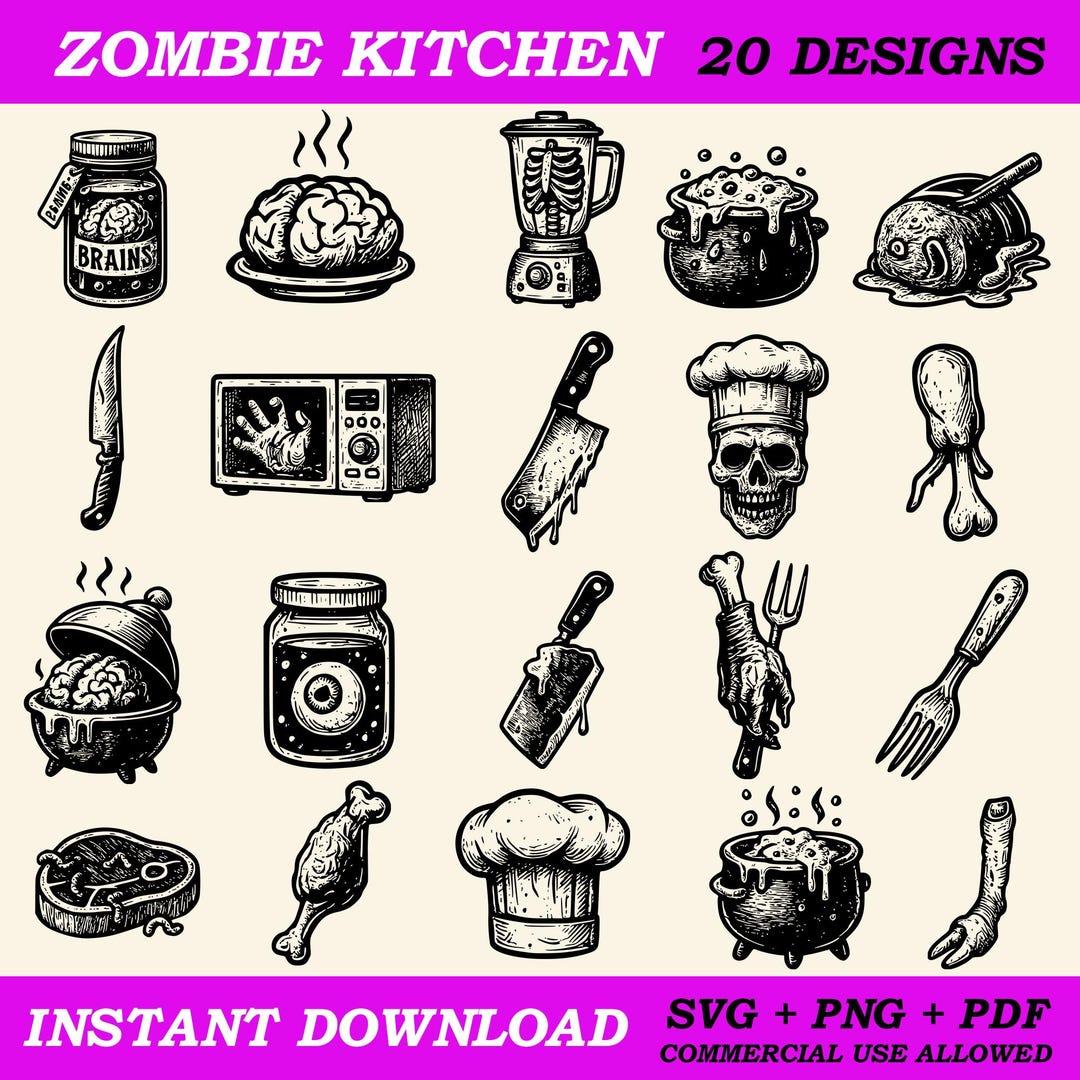 Zombie Kitchen SVG & PNG Digital Art Bundle – 20 Designs for Cutting ...