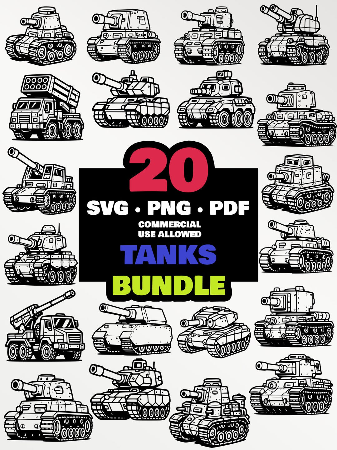 Tanks Bundle SVG PNG PDF | 20 Military Tank Designs | War Machine ...
