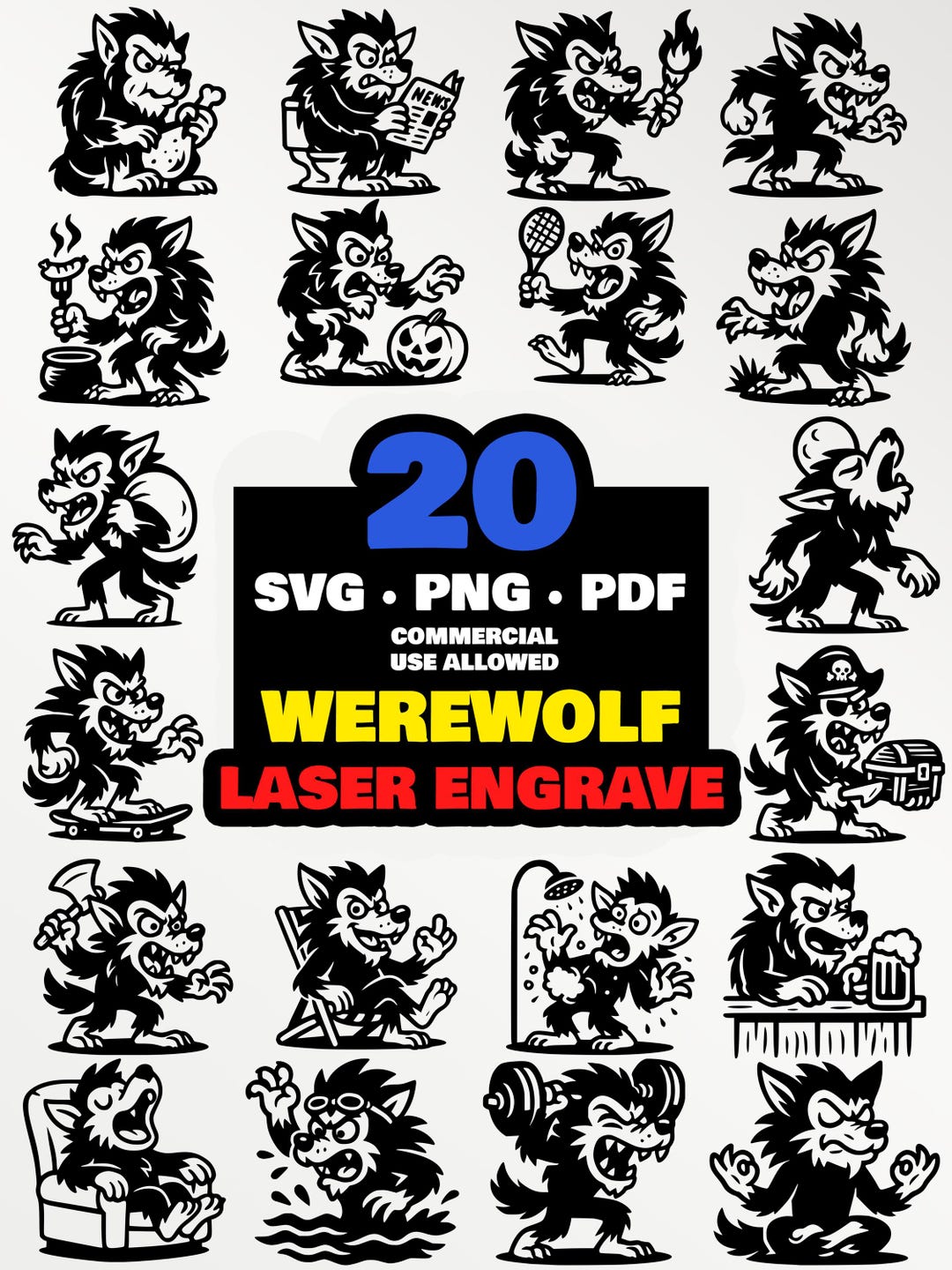 Werewolf Laser Engraving SVG Bundle 20 Cartoon Wolfman Designs for ...
